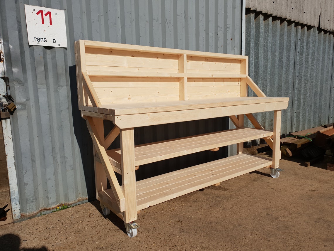 Wooden Workbench With Back And Double Shelf Acorn Brand | Etsy