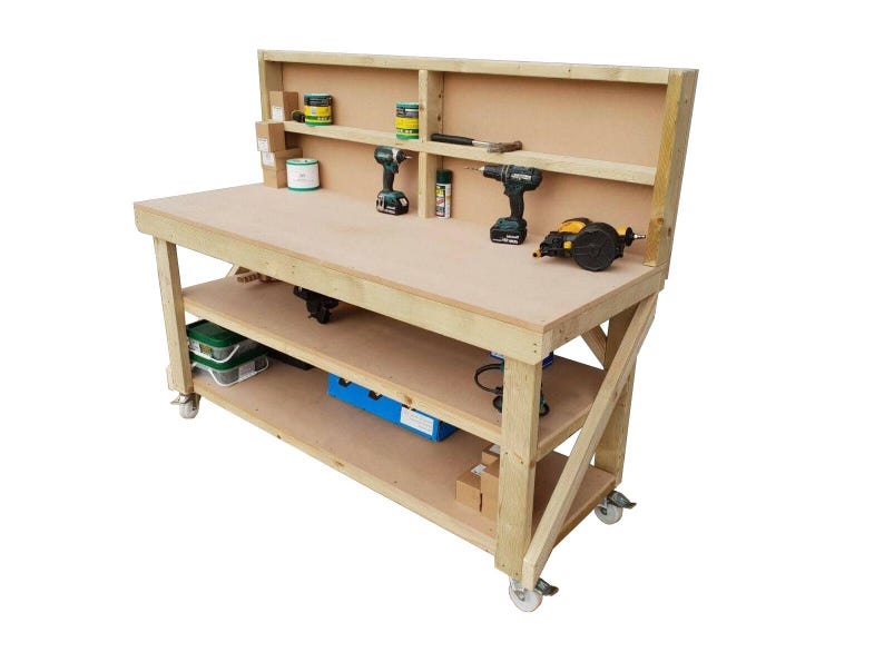 Wooden Workbench, 18mm MDF Worktop With Back Panel & Double Shelf ...