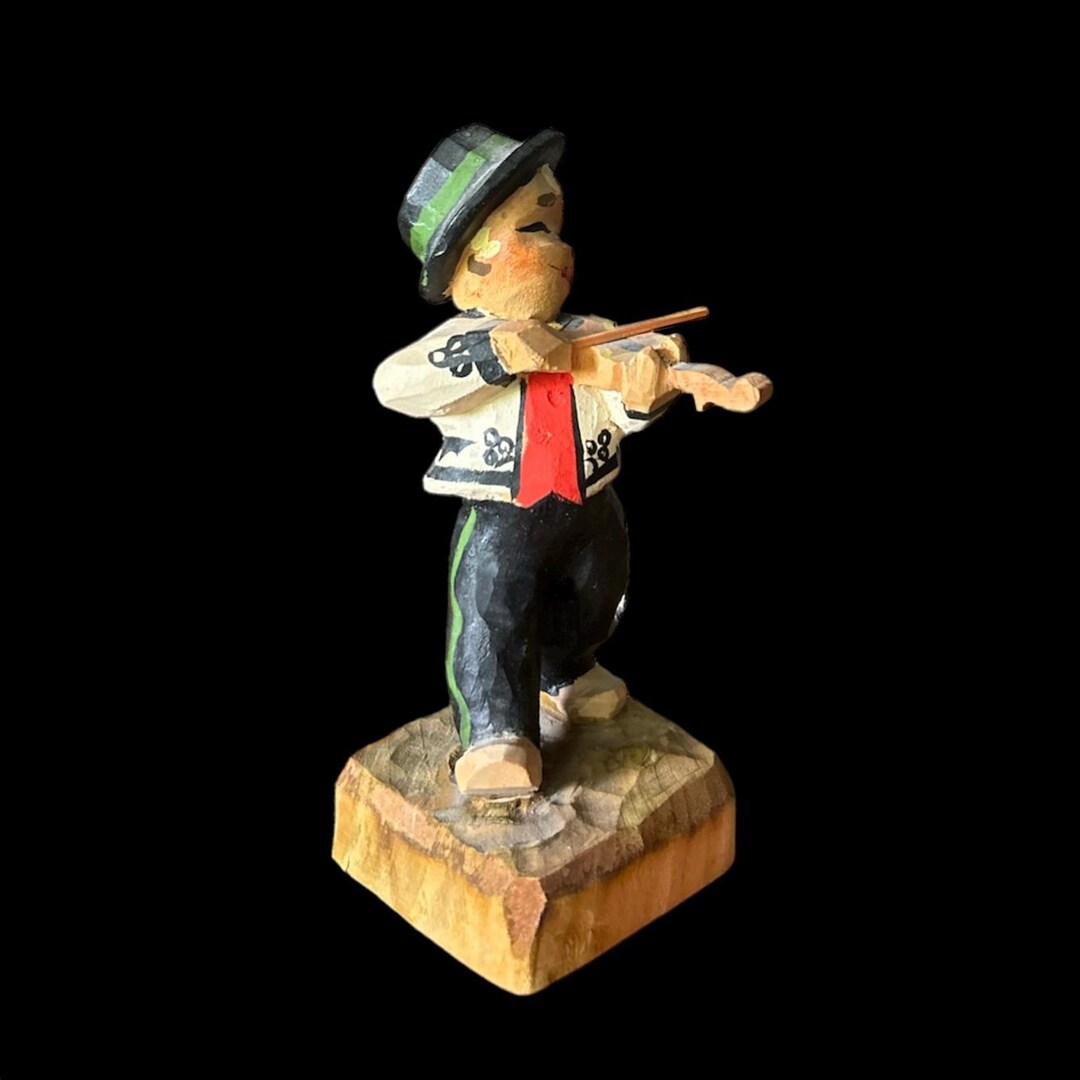 Hand Carved Scandinavian Wooden Figurine of a Boy Holding a Fiddle ...