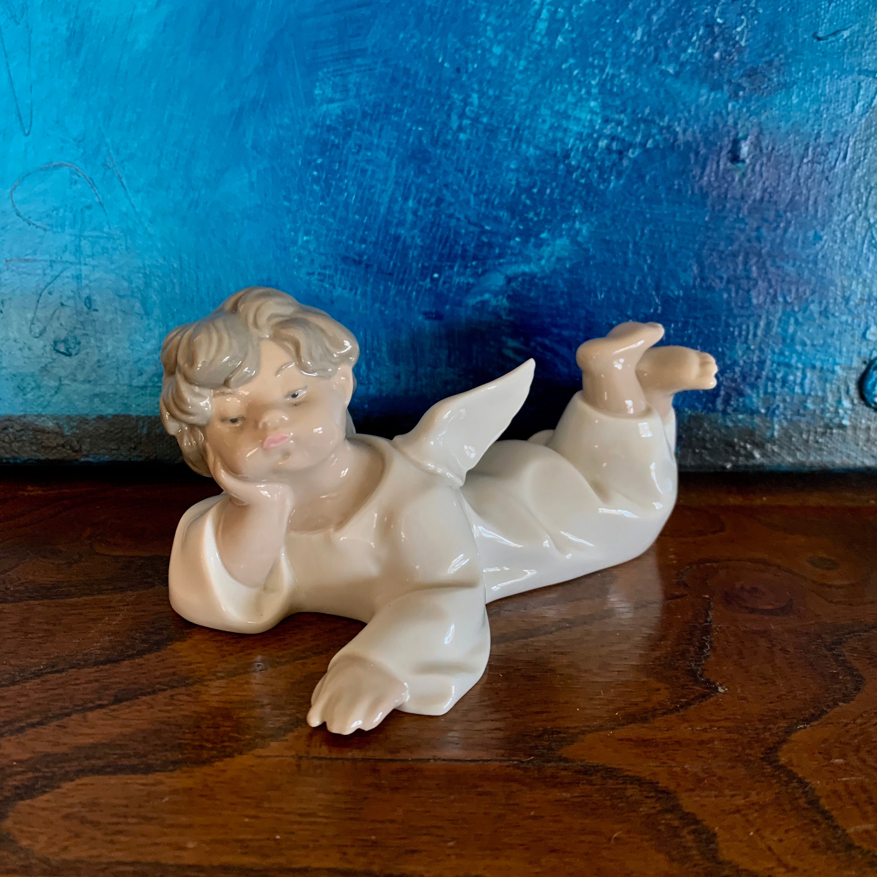 Vintage Lladro Angel Laying Down Figurine glossy porcelain | Etsy