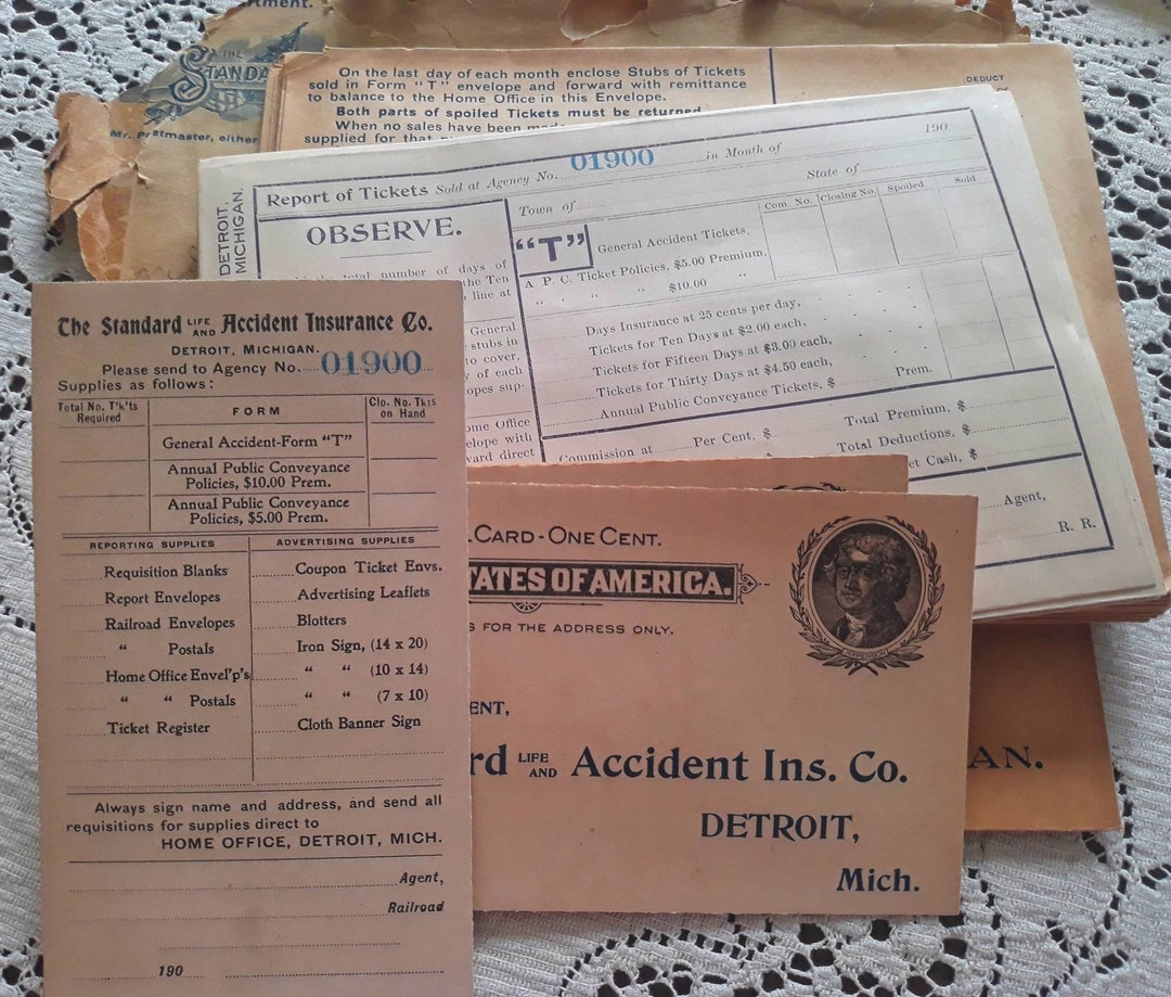 Vintage 1900s Era Standard Life Insurance Papers, Post Cards, Tickets ...