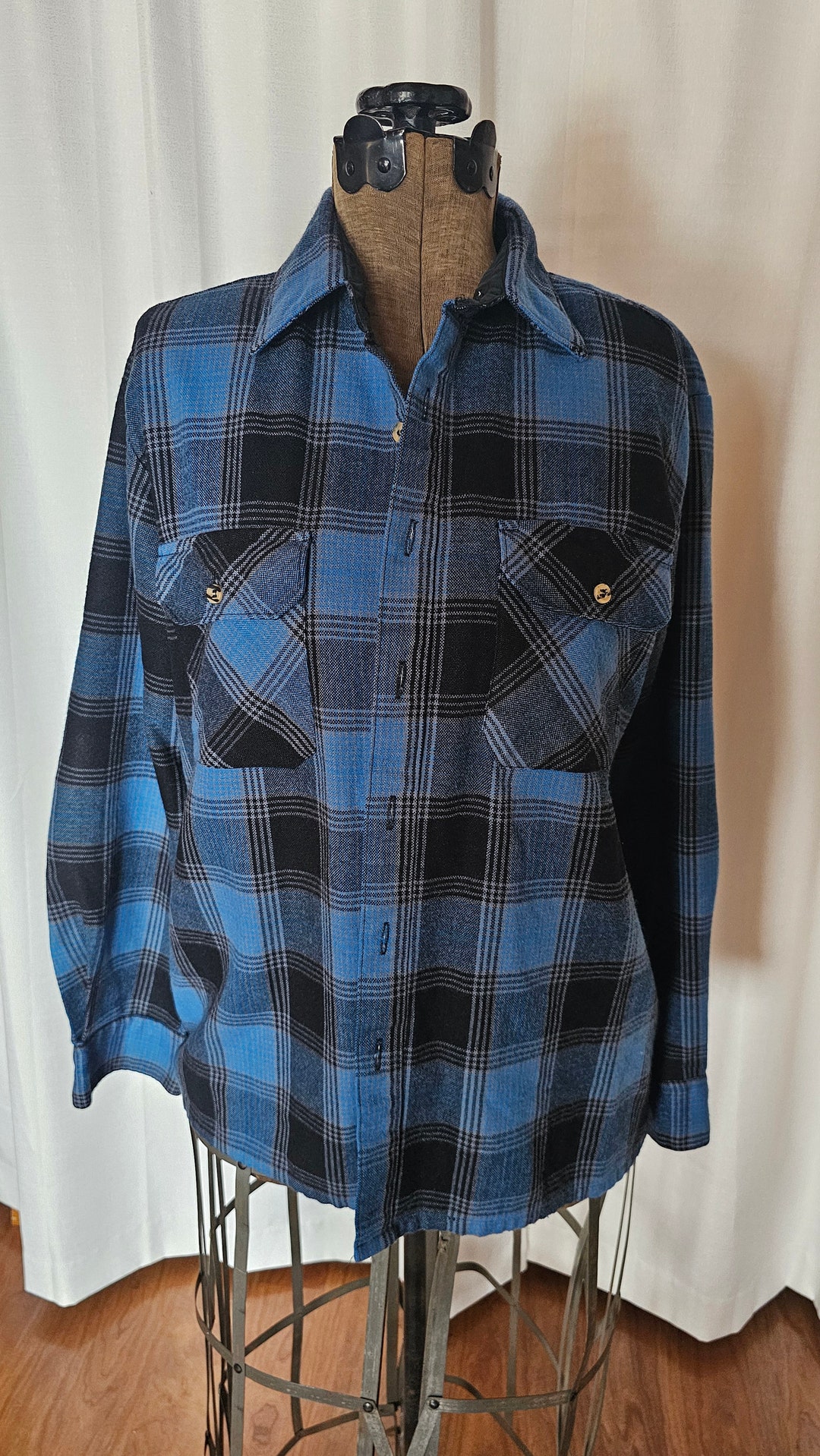 Vintage Campus Blue Black Plaid Button Up. Size Medium. FREE SHIPPING ...