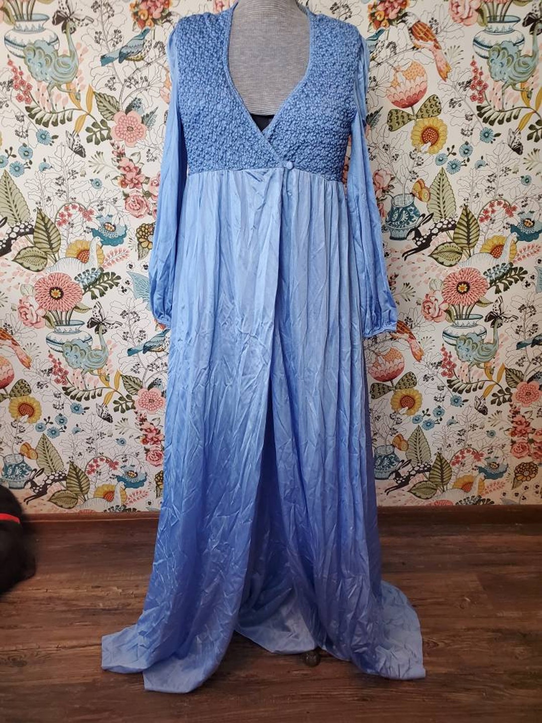 1990s Era Ladies Nightgown and Robe Set. Periwinkle Nylon, Full Length ...