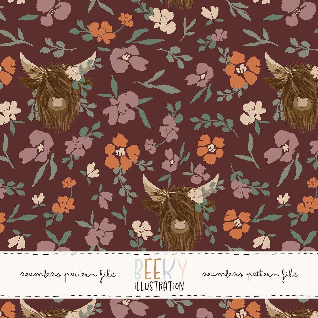 Floral Highland Cow Seamless Pattern DIGITAL DOWNLOAD Farm Animal ...