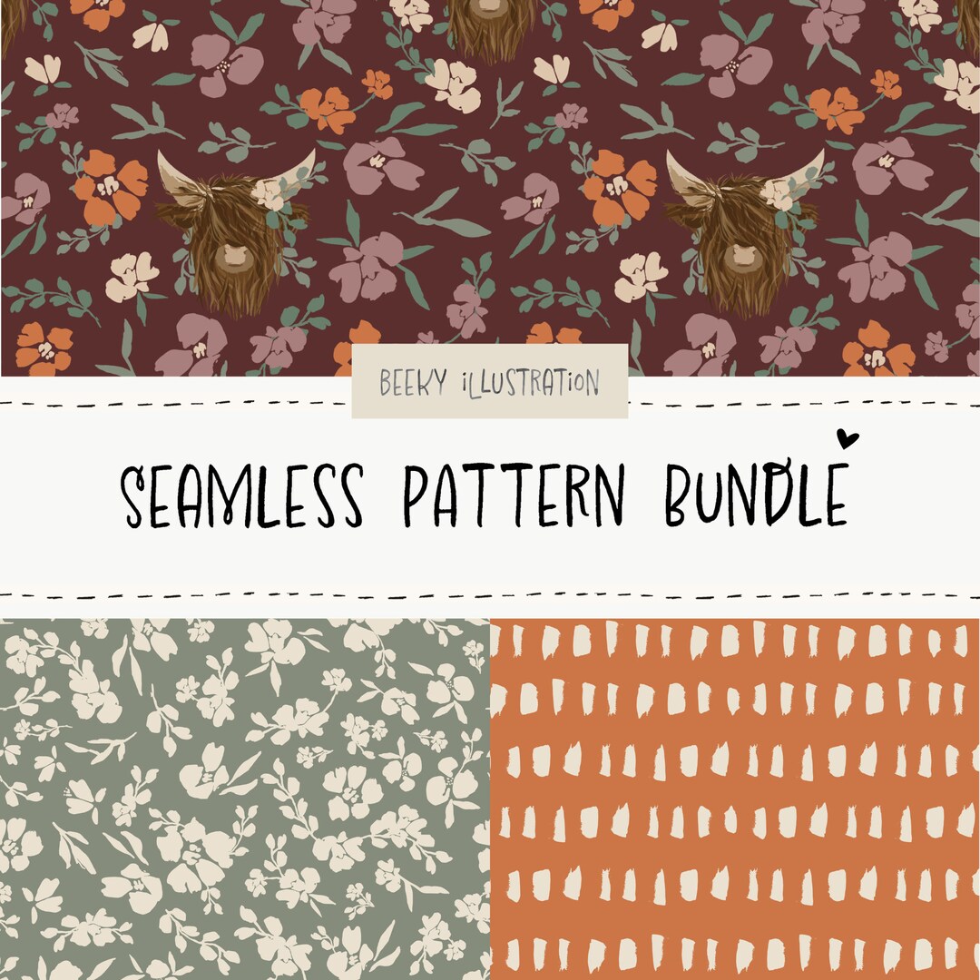 Highland Cow Seamless Pattern | DIGITAL DOWNLOAD | Boho Floral Seamless ...