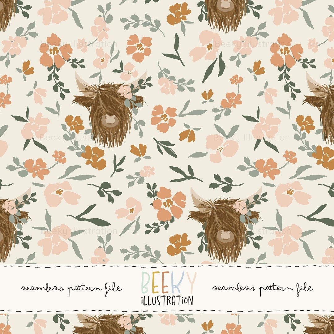 Floral Highland Cow Seamless Pattern | DIGITAL DOWNLOAD | Farm Animal ...