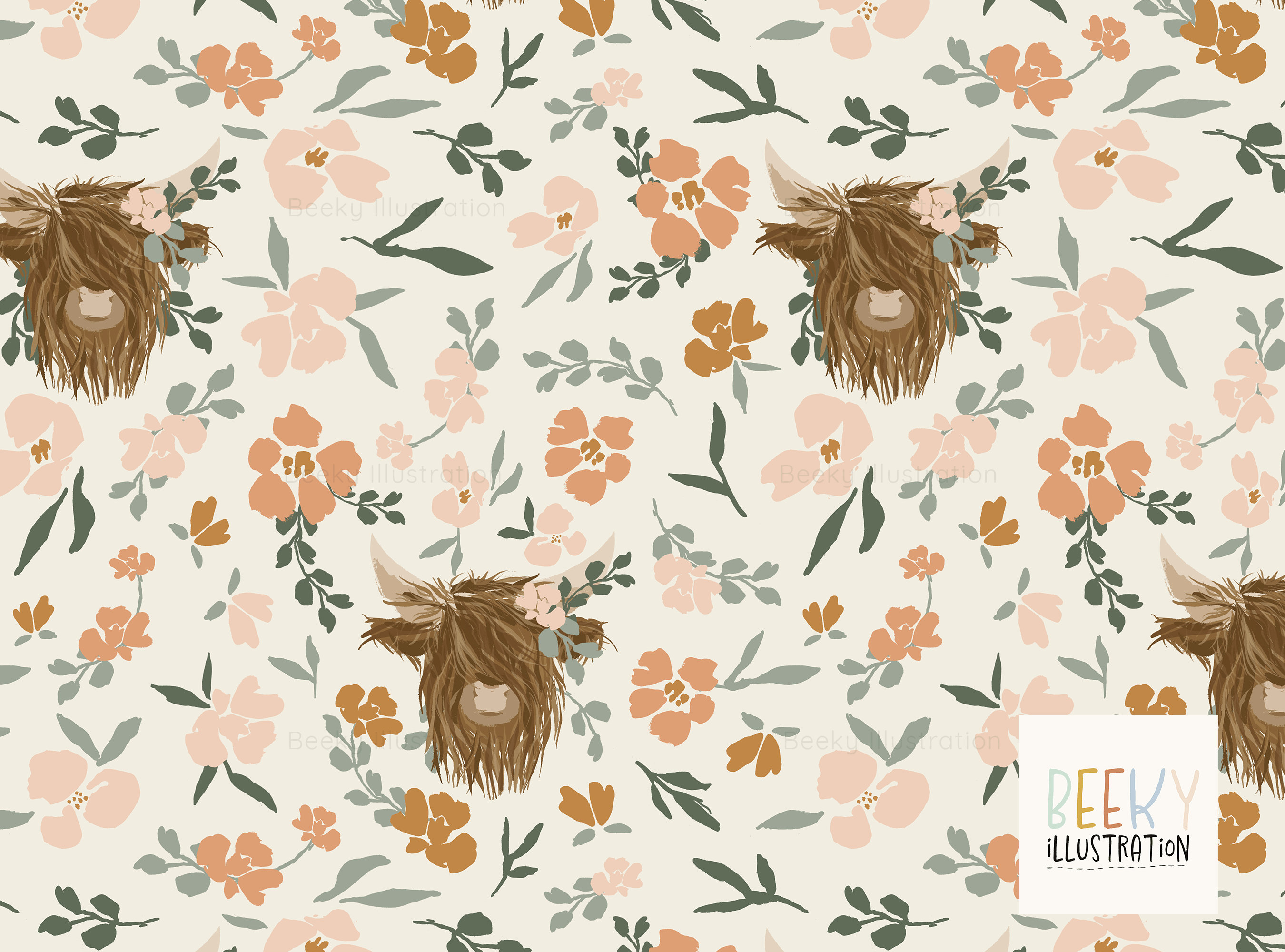 Floral Highland Cow Seamless Pattern DIGITAL DOWNLOAD Farm Animal ...