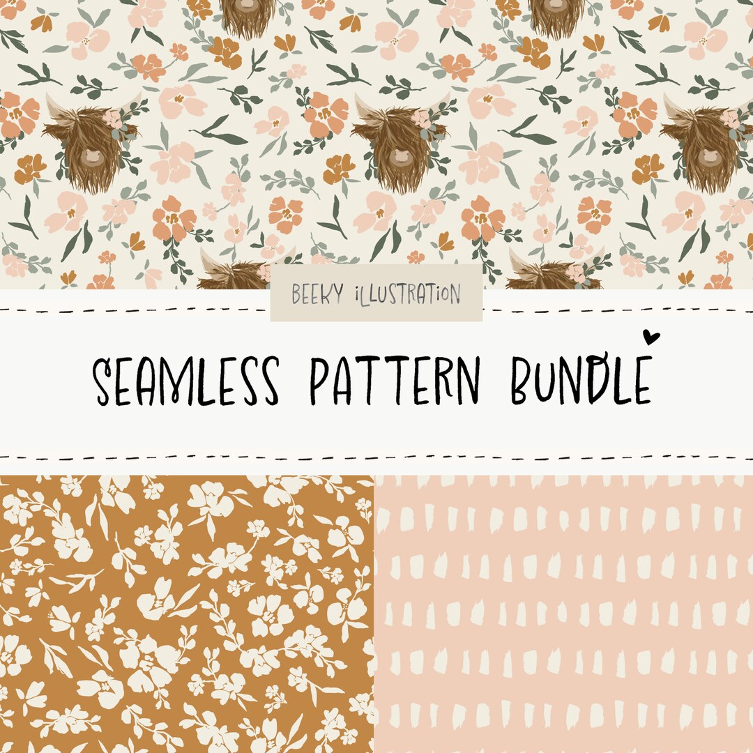 Floral Highland Cow Seamless Pattern | DIGITAL DOWNLOAD | Boho Floral ...