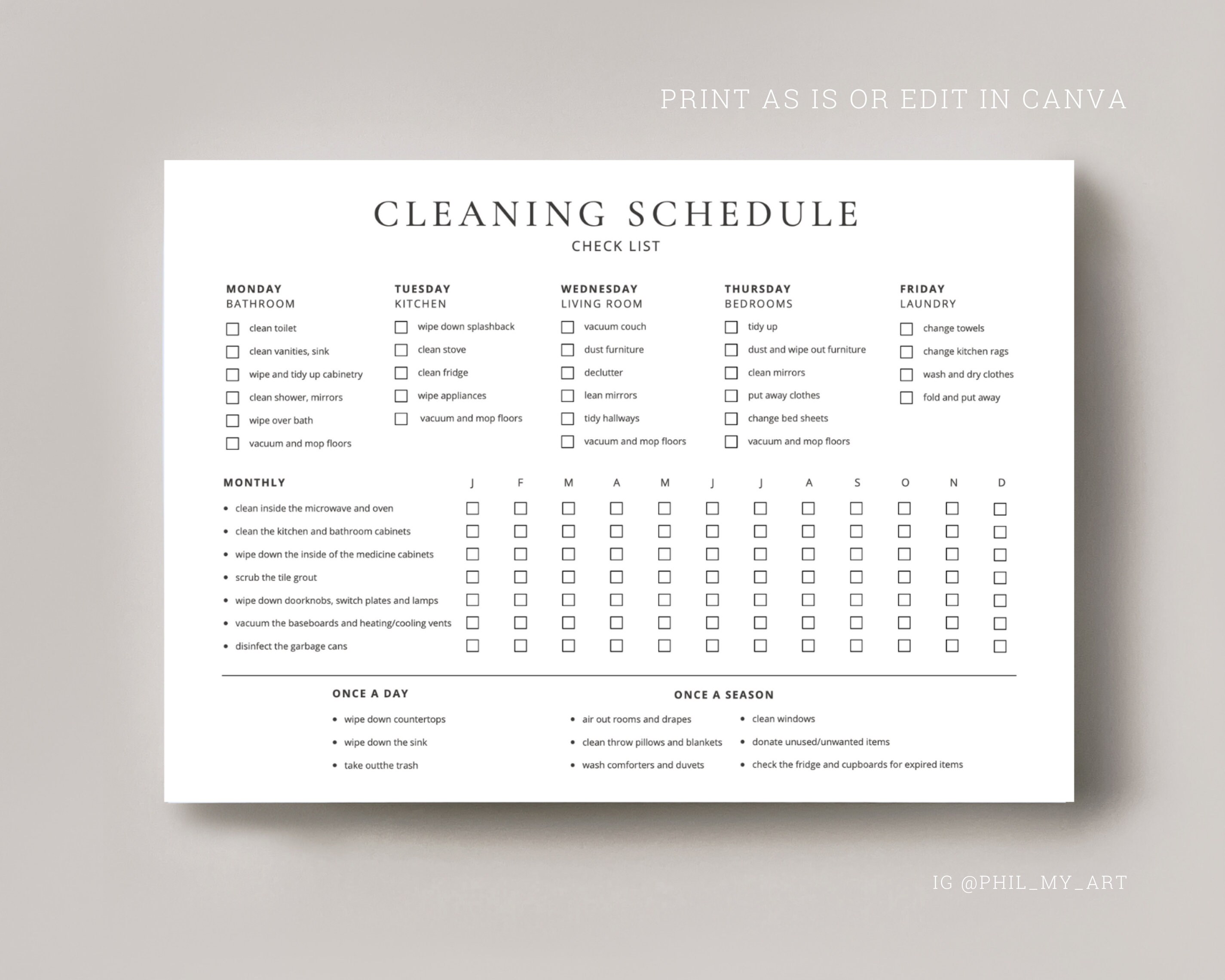 Cleaning Schedule Check List Digital Template Canva Editable - Etsy