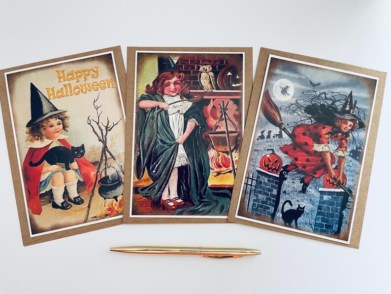 Vintage Halloween Card Set | Witch, Pumpkin & Black Cat Designs | Blank ...
