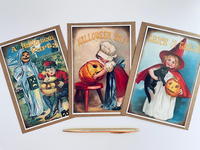 Vintage Halloween Card Set | Witch, Pumpkin & Black Cat Designs | Blank ...