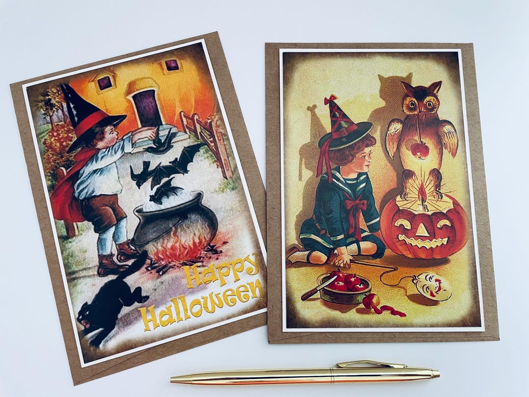 Vintage Halloween Card Set | Witch, Pumpkin & Black Cat Designs | Blank ...