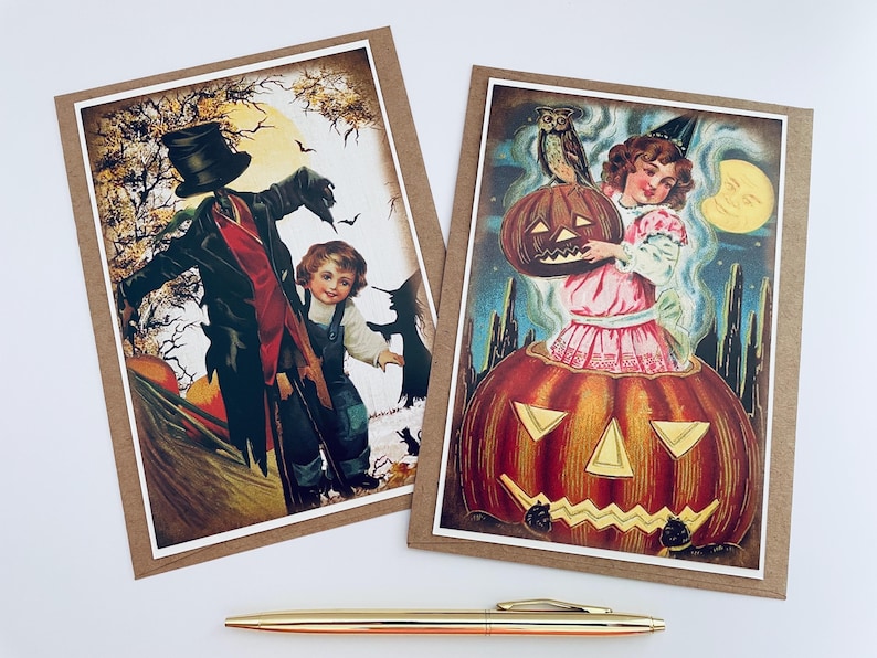 Vintage Halloween Card Set | Witch, Pumpkin & Black Cat Designs | Blank ...