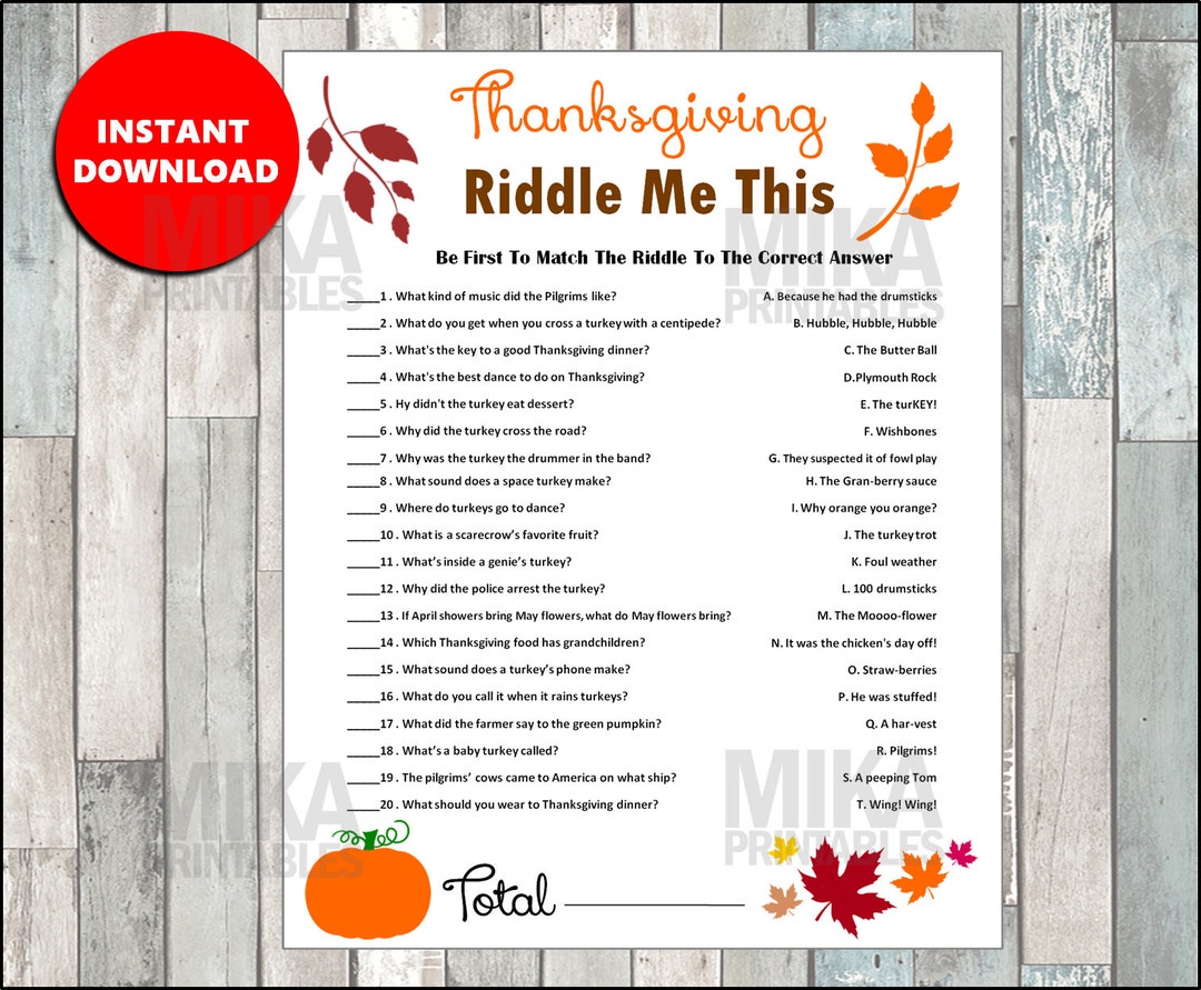 Thanksgiving Game, Printable Thanksgiving Riddle Game, Thanksgiving ...