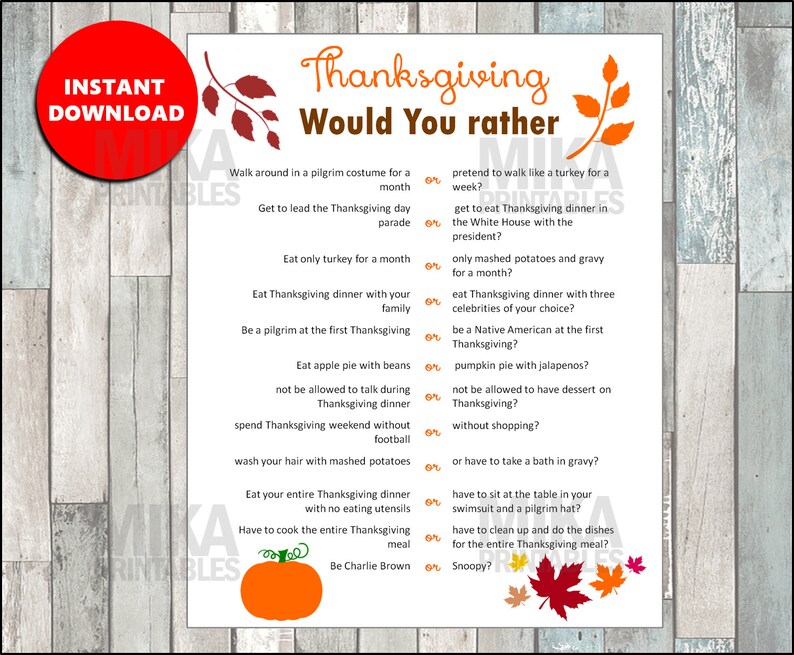 Would You Rather Thanksgiving Game Last Minute Thanksgiving Party ...
