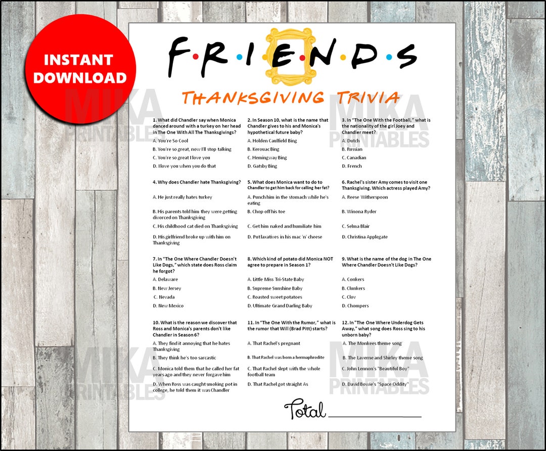 Friends TV Show Trivia Game Thanksgiving Game Thanksgiving - Etsy