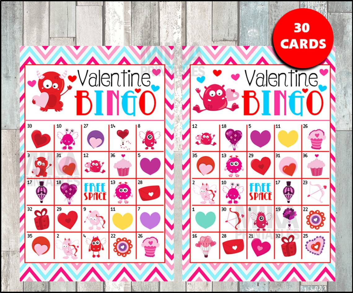 Valentines Bingo Game, Printable Monster Valentine Bingo Cards, 30 ...