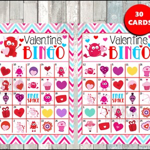 Valentines Bingo Game, Printable Monster Valentine Bingo Cards, 30 ...