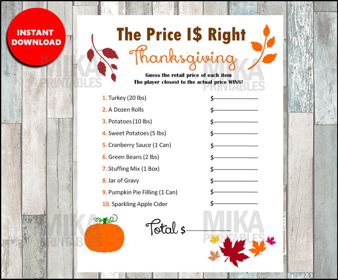 The Price is Right Printable Thanksgiving Game, Thanksgiving Game ...