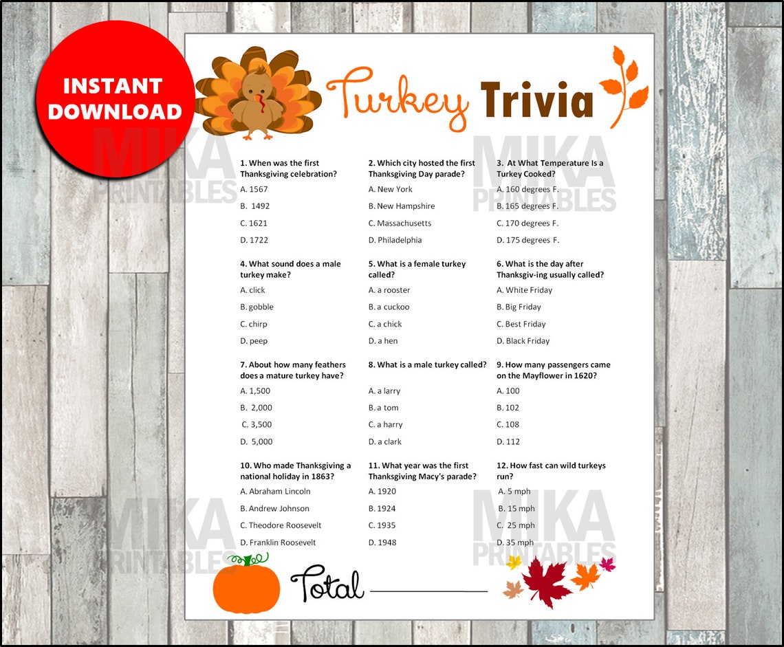 Turkey Trivia Printable Game, Thanksgiving Games, Thanksgiving Trivia ...