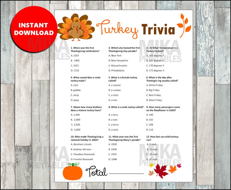 Turkey Trivia Printable Game, Thanksgiving Games, Thanksgiving Trivia ...