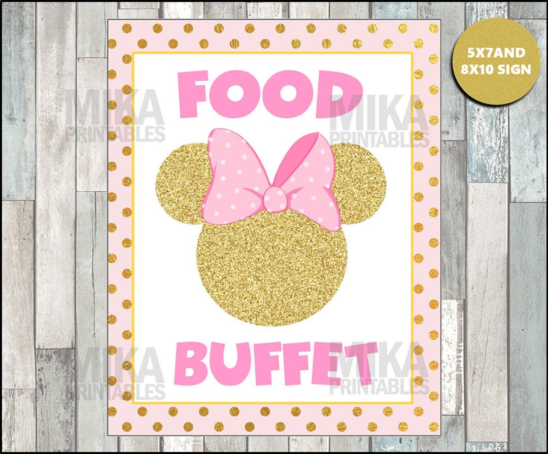 Printable Pink and Gold Glitter Minnie Mouse Food Buffet 5x7 and 8x10 ...