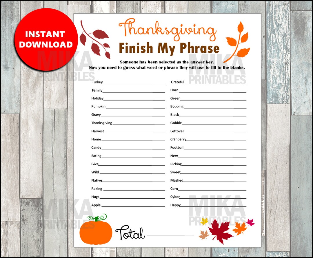 Thanksgiving Finish My Phrase, Printable Thanksgiving Party Game ...
