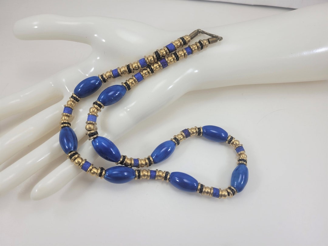 GREECE ROYAL BLUE Beaded Necklace 21" Hook Clasp Ceramic Gold Tone ...