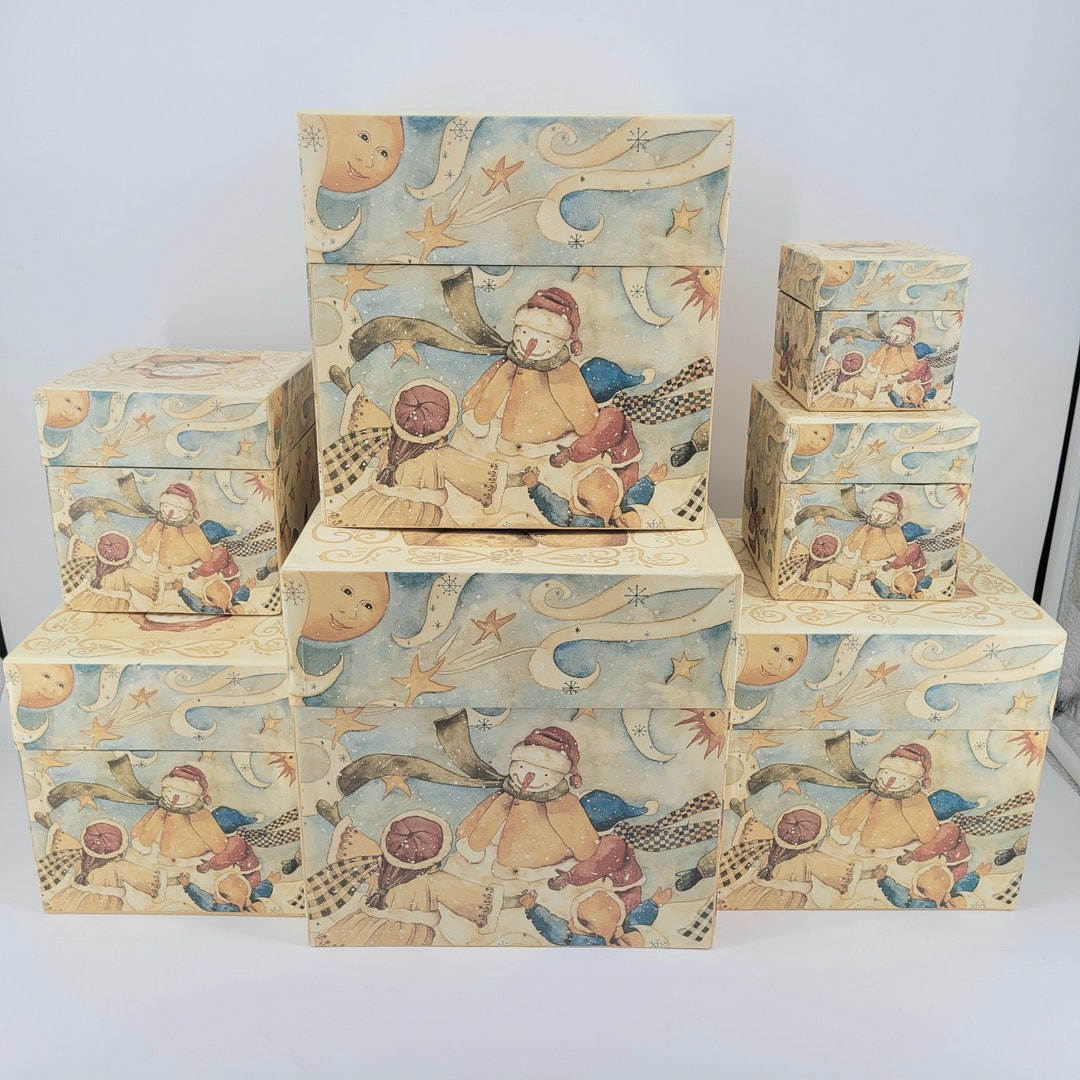 7 SNOWMAN BOB'S BOXES Stacking Nesting Décor Vintage 9" 8" 7" 6" 5" 4 ...