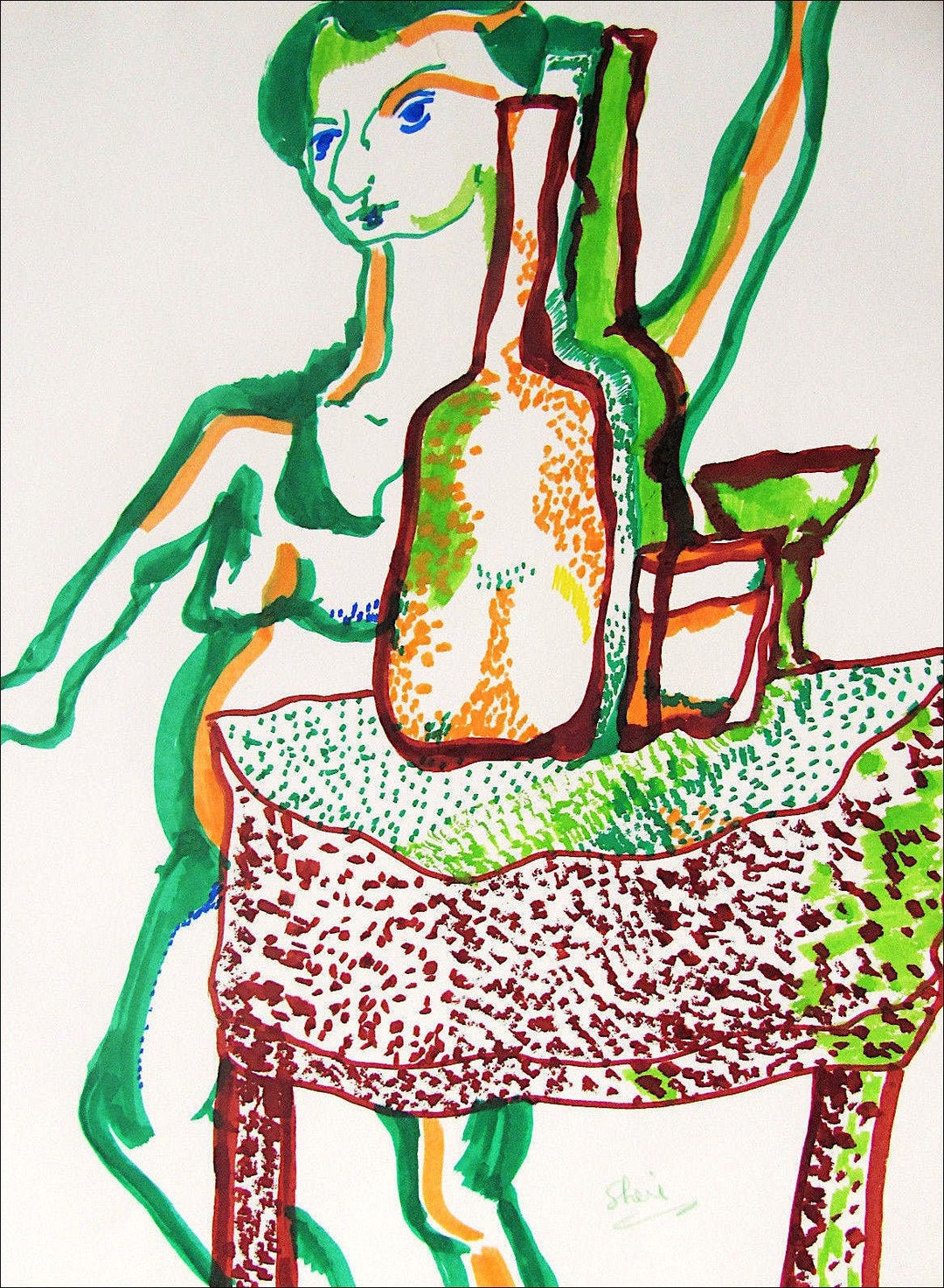SHARI BERKOWITZ - 'Girl drinking' - dibujo original de tinta sobre ...