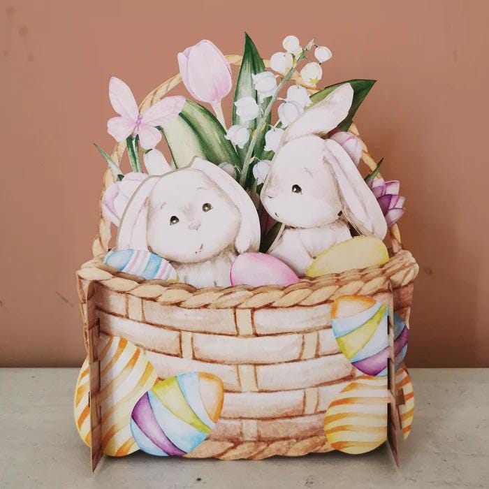 Easter Card, Bunnies, 3D Pop-up Card, Handmade, Basket, Spring Flowers ...