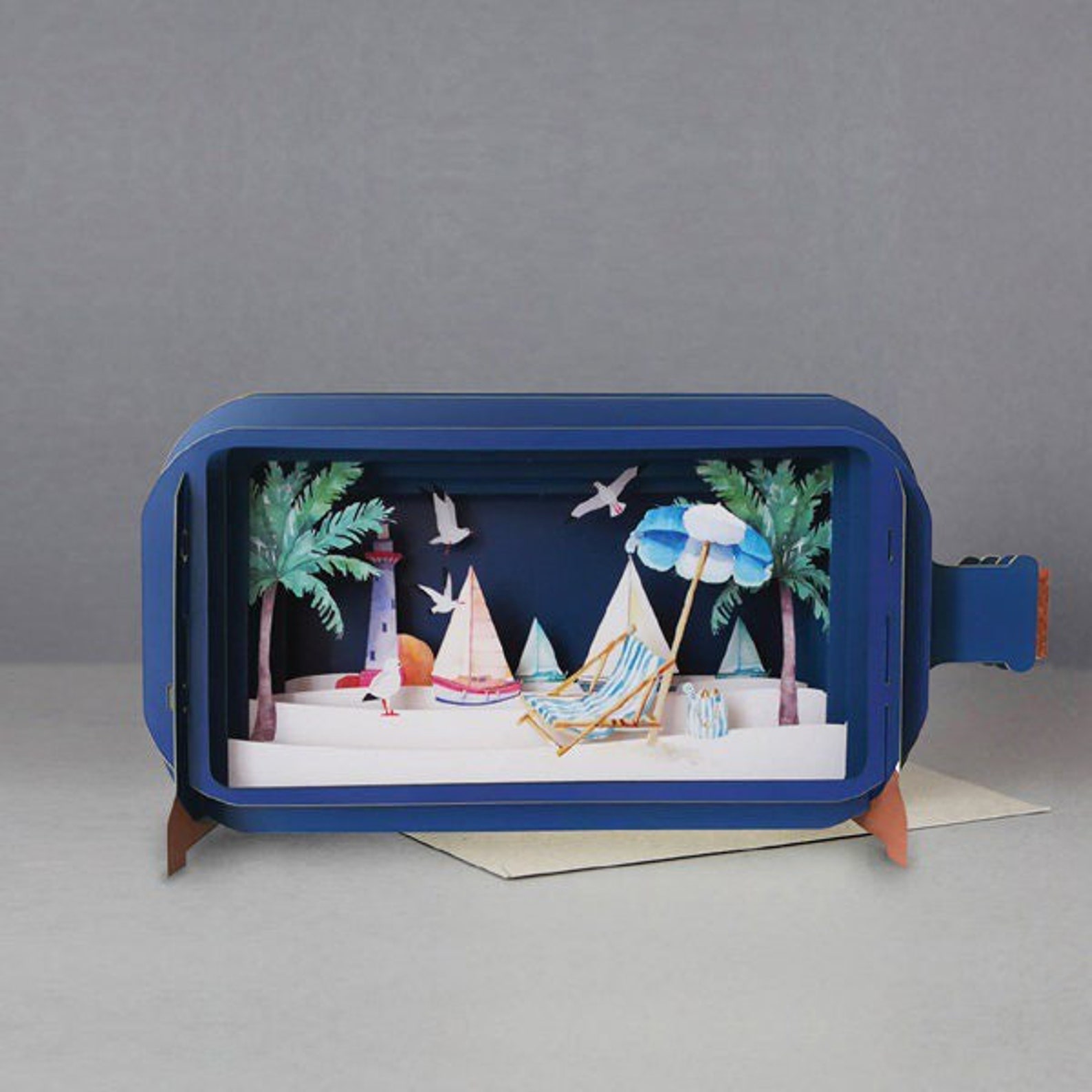 Seaside,3d Pop-up Card, Handmade,beach,sailing Boats,deck Chair,palm ...