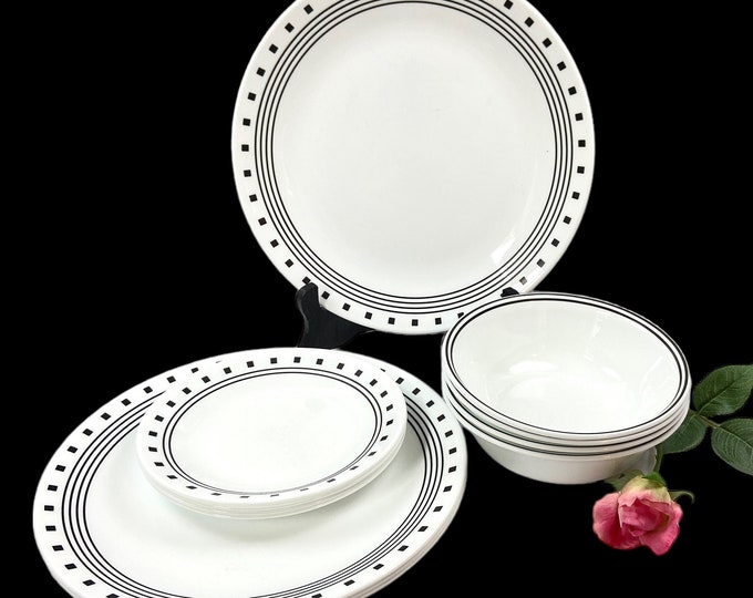 Vintage Corelle City Block Black Pyrex Dinner Set Plates Bowls 12 ...
