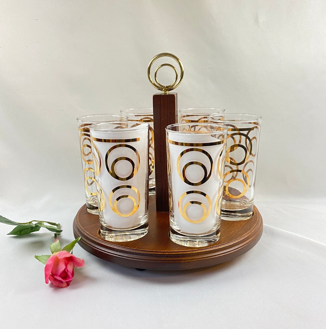 Vintage NIB MCM Gold Circle Geometric Cocktail Glasses in Carrier Set ...