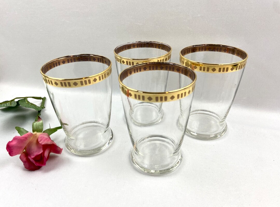 Vintage Gold Encrusted Rim Geometric Design Cocktail Glasses Tumblers ...