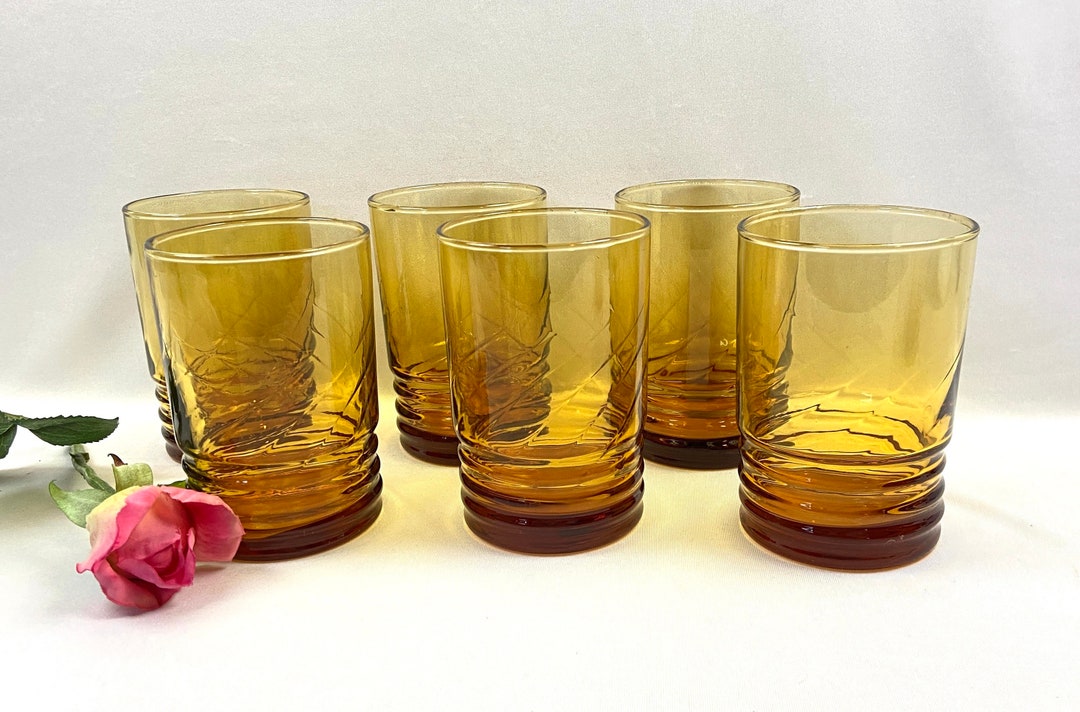 Vintage Amber Stacked Ring Ribbed Base Swirl Short Tumblers Mid Century ...