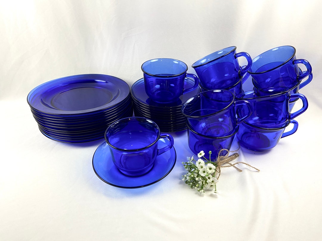 Vintage Arcoroc France Cobalt Blue Luncheon Plates and Coffee Tea Cups ...
