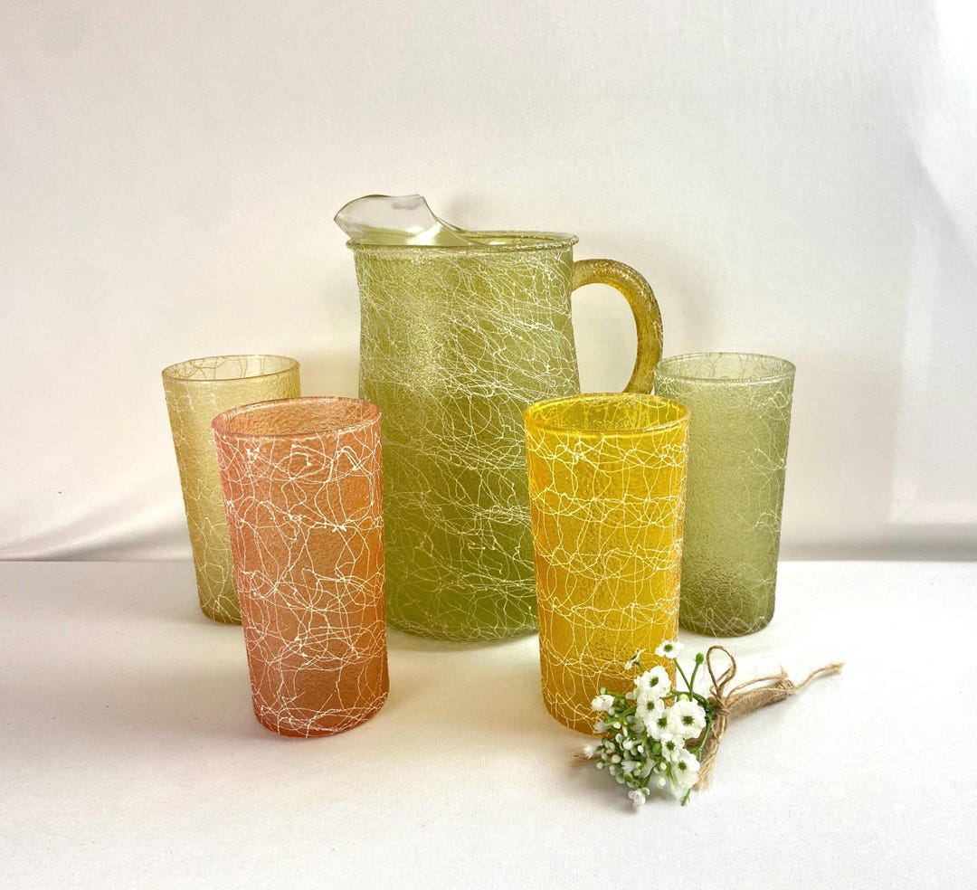 Vintage Color Craft Spaghetti String Pitcher and Tumblers Set Glasses ...