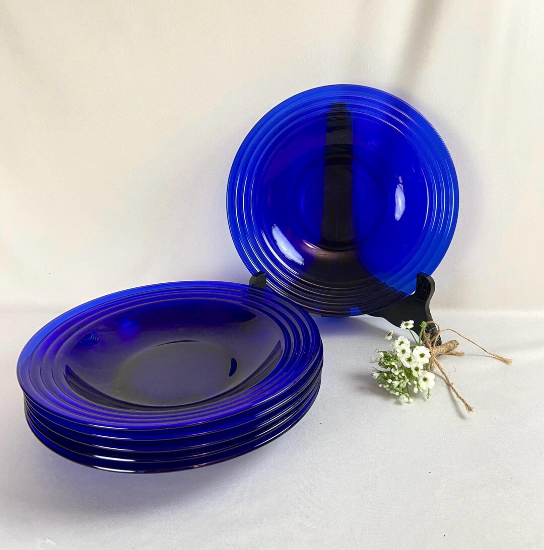 Vintage Cobalt Blue Glass Soup Bowls Ringed Ridges Art Deco Sets of 4 ...