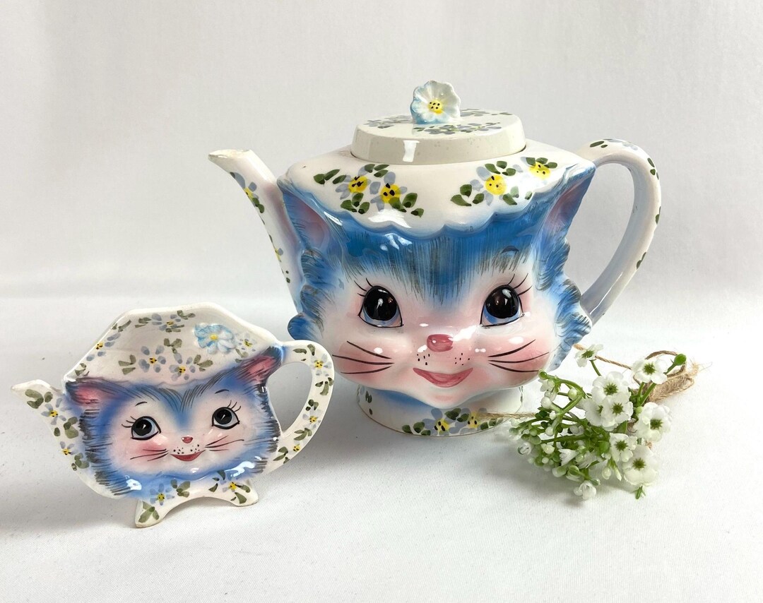 Vintage Miss Priss Tea Pot and Tea Bag Holder Lefton Kitty Blue - Etsy