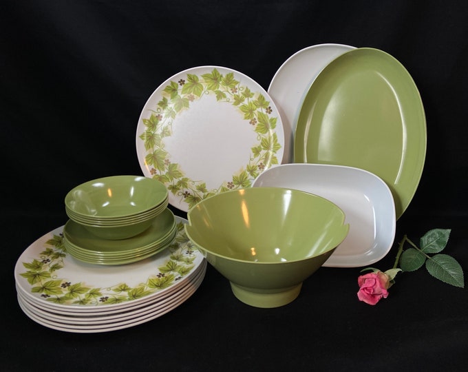 Vintage Texasware Avocado Green Ivy Melamine Dinnerware Set 23 Pieces ...