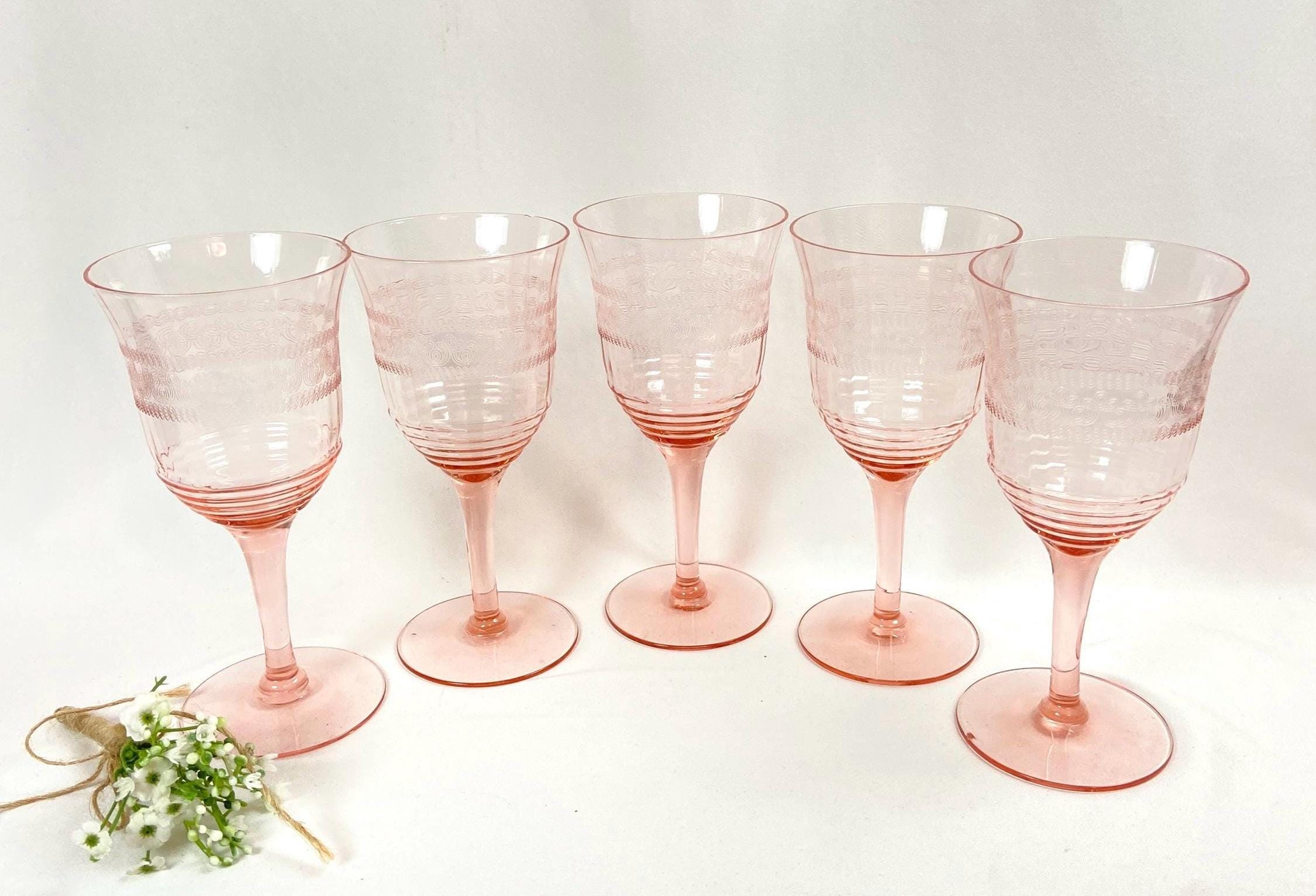 Vintage Etched Scroll Pink Depression Glass Wine Glasses - Set of 5 - Etsy