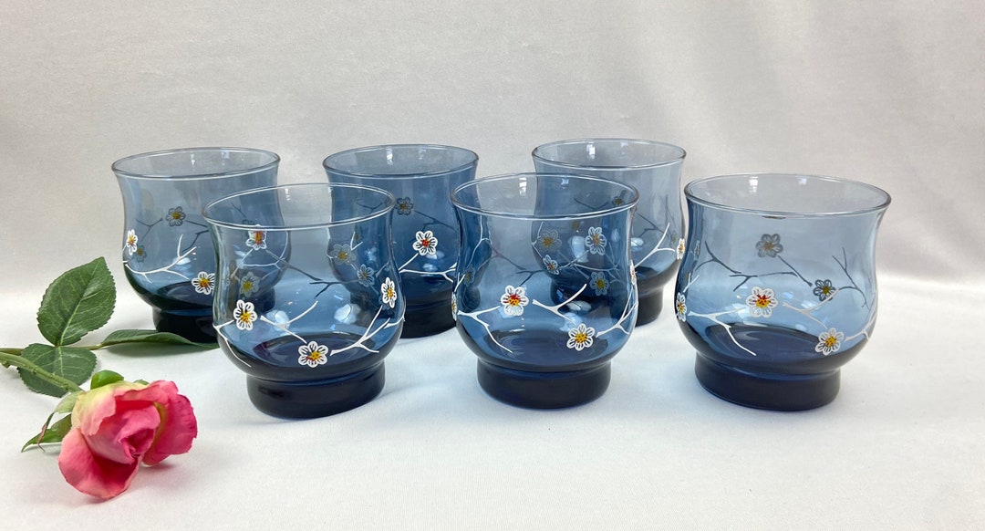 Vintage Libby Smokey Blue Dogwood Flower on the Rocks Cocktail Glasses ...
