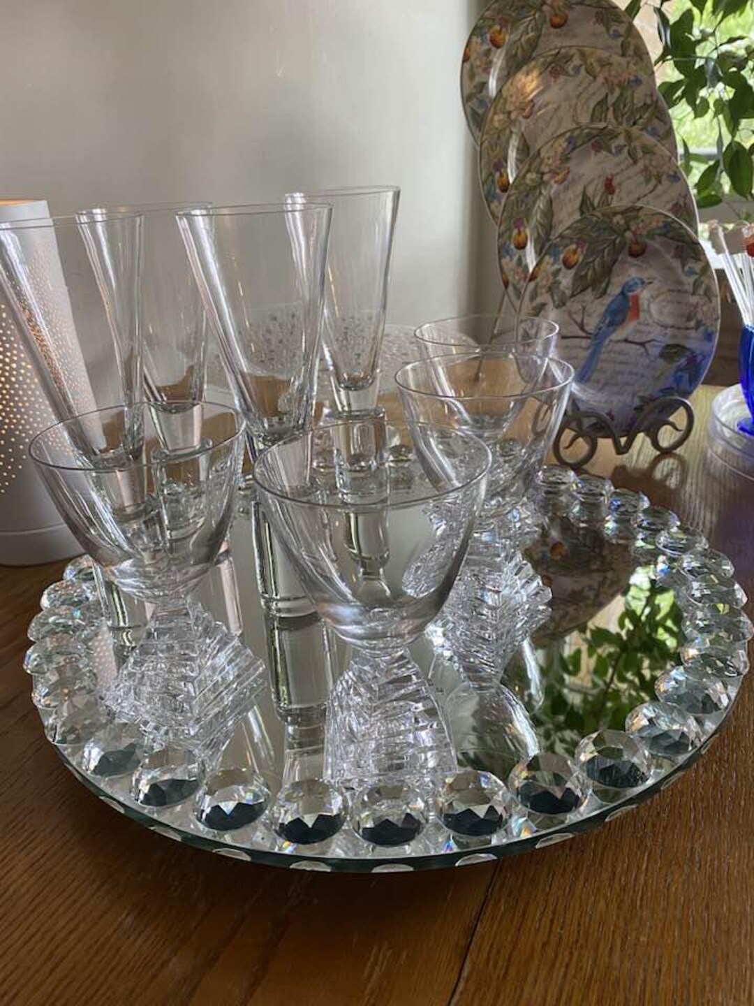 Stunning Mirror Platter With Crystal Beads, Lazy Susan Spinning Plate ...