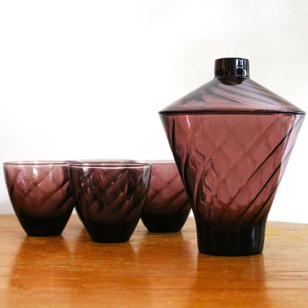 Vintage Amethyst Swirl Glassware Set of 5: Cocktail Glasses & Ice ...