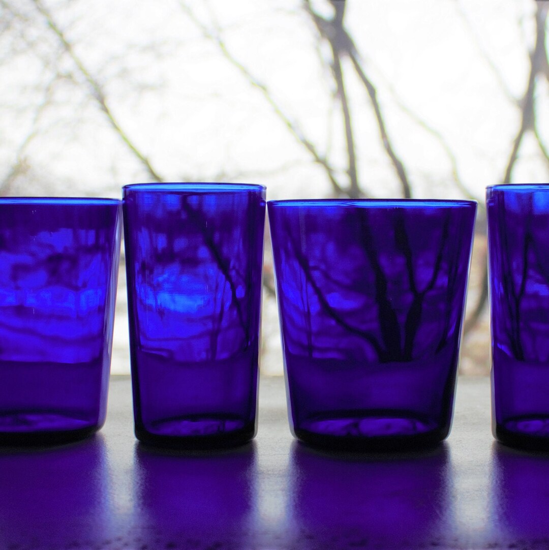 Cobalt Blue Glass, Set of 4 Handmade Blue Glass, Vintage Cobalt Blue ...