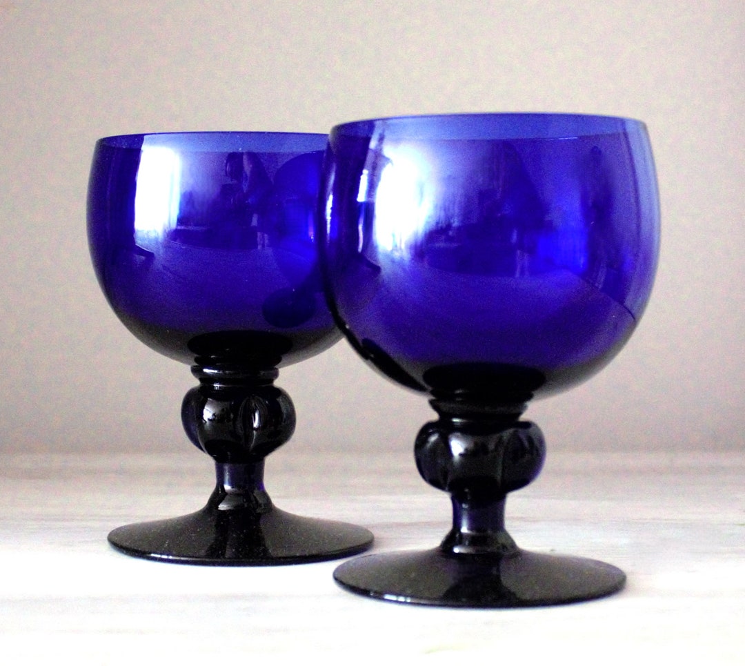 Vintage Blue Wine Goblet Set, 2 Vintage Goblets, Vintage Blue Glassware ...