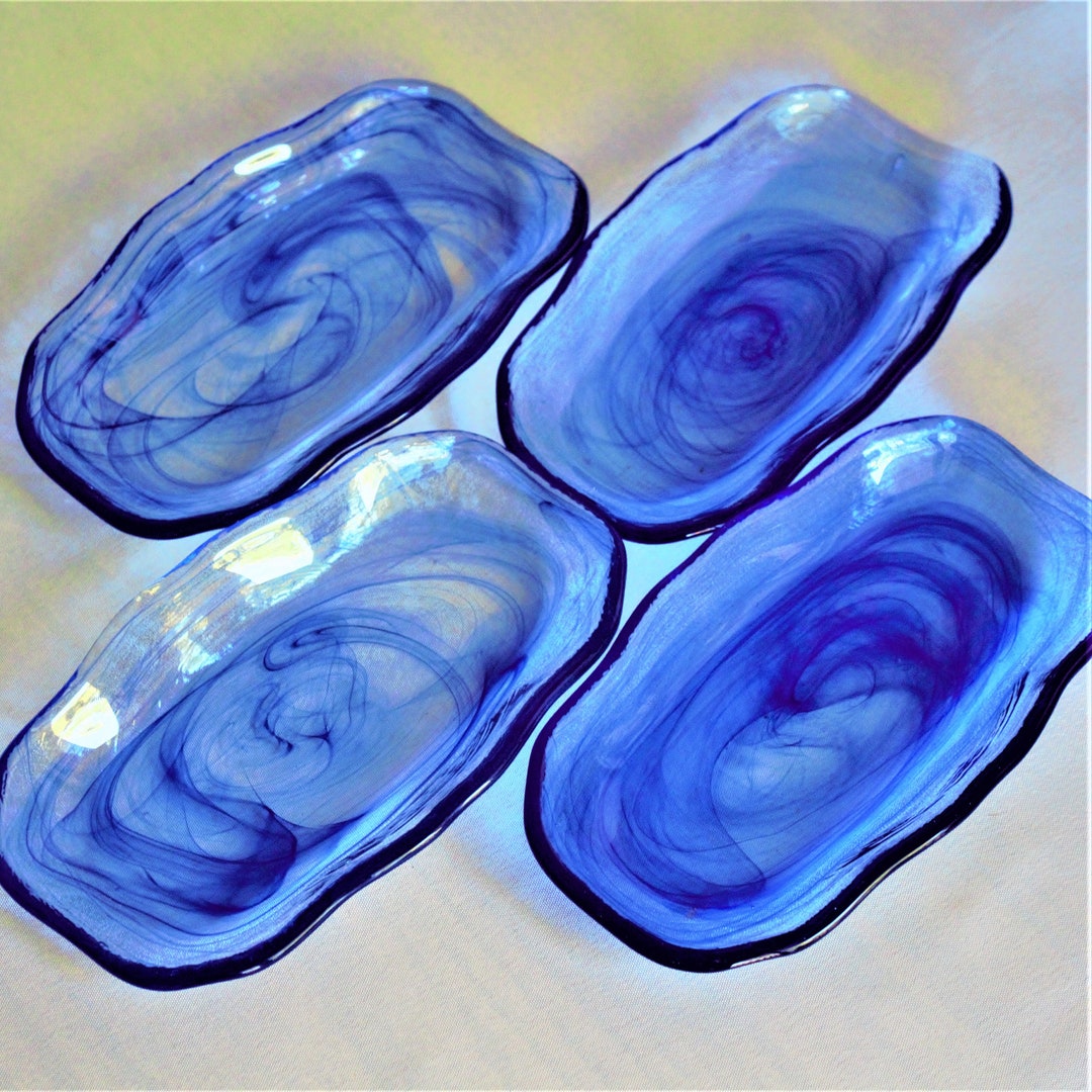 Blue Glass Plates, 4 Blue Swirl Glass Appetizer Plates, Unique Blue ...
