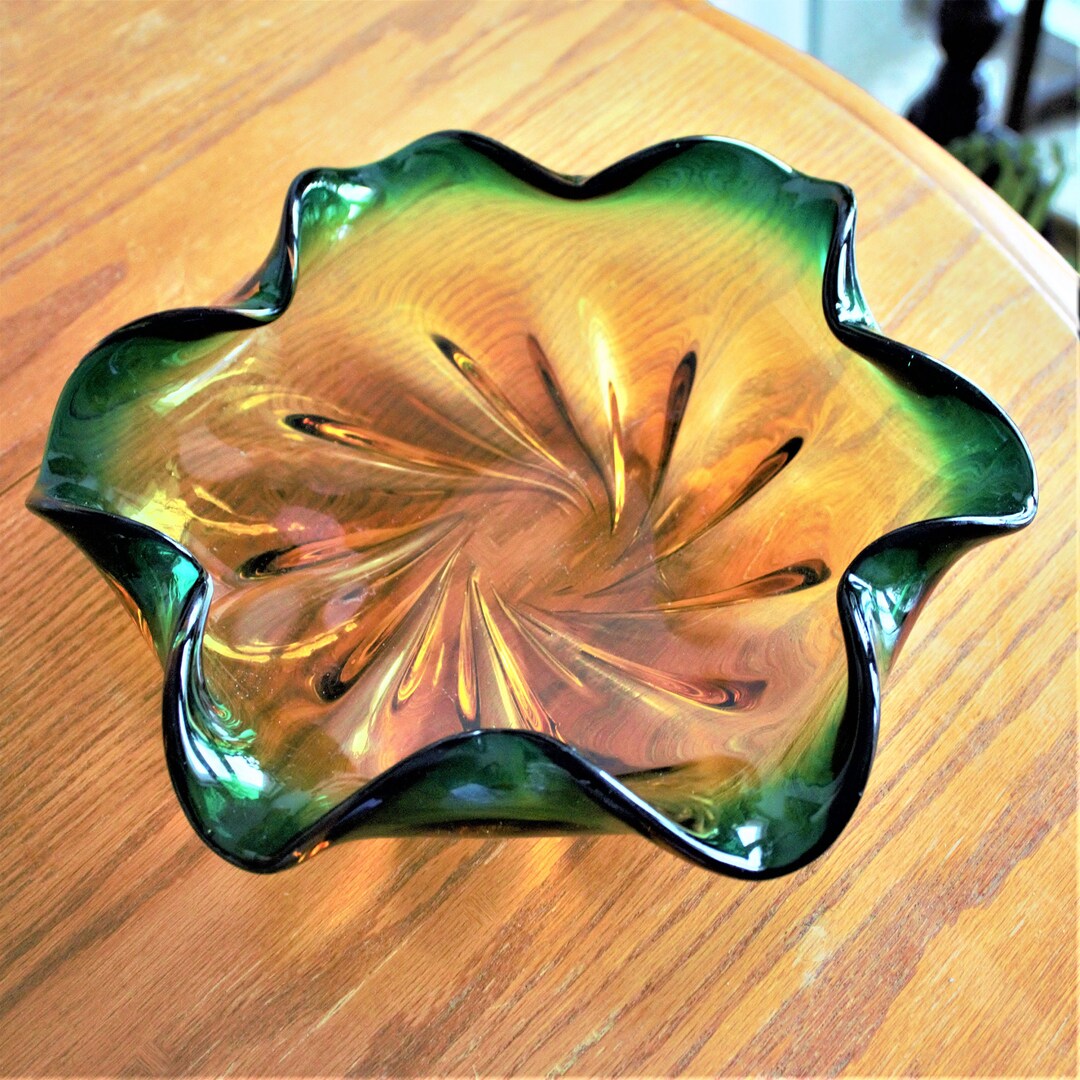 Mid Century Modern Bowl, Stunning Green and Gold MCM Bowl, Glass Bowl ...