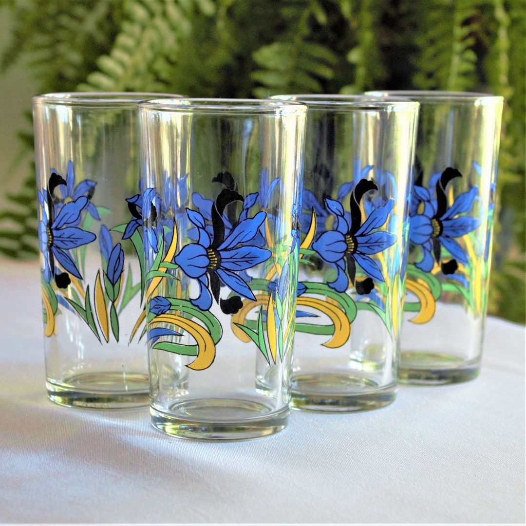Vintage Juice Glasses, 4pc Vintage Blue Glass With Blue Flowers, Blue ...